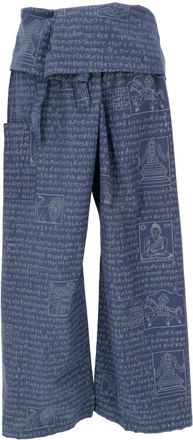 Guru Shop Thai Fischerhose mit Mantra Druck aus Gewebter Baumwolle, Wickelhose, Yogahose - Blau, Herren/Damen