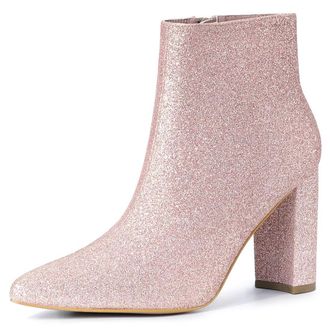 Allegra K Damen Glitzerstiefel mit spitzem Zehenbereich, klobiger Absatz, rose, 38 EU
