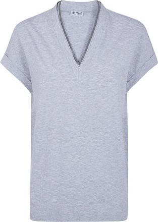 Brunello Cucinelli Femme, Tops, Gris, Taille: 42 FR V Neck T-Shirt
