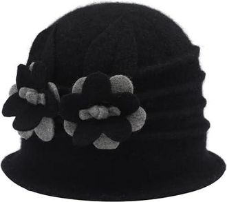 ZLYC Chapeau de Bowler dhiver en Laine pour Femme - Style Vintage des ann&eacute;es 1920, Noir avec Marguerites, Taille Unique