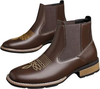 Generic Bottines de cowboy décontractées rétro à talon bas à enfiler pour homme - Style western - Bout carré, café, 39.5 EU