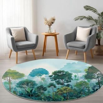 Generic Vert Olive Tapis Art D&eacute;co Rond Antid&eacute;rapant, Plantes For&ecirc;ts Animaux Motif Doux Tapis Poils Courts pour Salon Couloir Chambre Cuisine Descente de Lit -