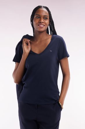 Eden Park T-shirt &Agrave; Col V En Jersey De Coton Pima L&eacute;ger Marine Coupe Droite
