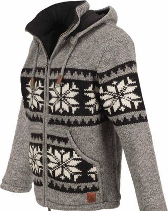 Kunst und Magie Kapuzenstrickjacke Strickjacke Schurwolle Klassich Nordisch Muster Wolle Kapuze abnehmbar