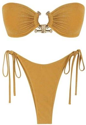 Zaful Maillot de Bain 2 pièces avec Bandeau à Nouer sur Les côtés et Anneaux métalliques, Jaune doré Brillant, Taille M