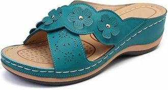 Generic Sandales orthop&eacute;diques pour femme - Pantoufles d&eacute;t&eacute; confortables en cuir - Chaussures plates compens&eacute;es &agrave; bout ouvert - Respirantes - Style floral - P