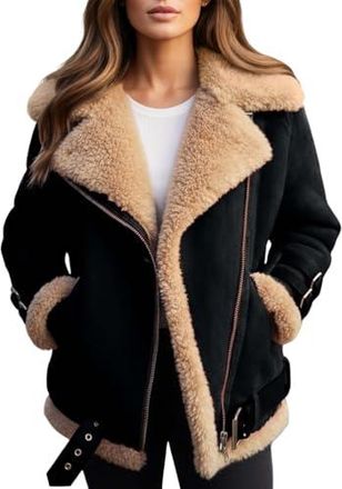 Minetom Blouson Aviateur Femme Hiver Veste En Polaire Chaude Manteau en Fausse Fourrure Blouson pour Motard A Noir XXL
