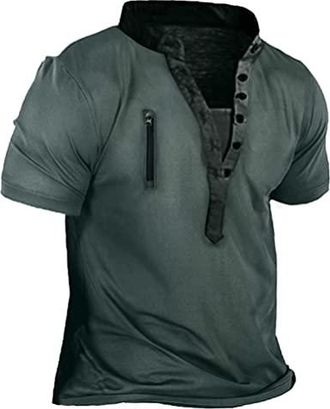 Onsoyours Homme Henley T-Shirt de Combat à Manches Courtes Détendu en Forme Décontractée avec Boutons Patte De Boutonnage Col V Chemises F Armée Verte XL