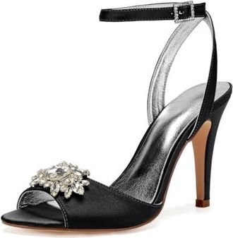Generic 10.5CM Satin Stylet Femme &Eacute;t&eacute; Peep Toe Talons Hauts Sandales Mari&eacute;e Mariage Pompe Chaussures Soir&eacute;e Robe Chaussures,Noir,39 EU