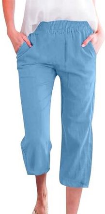 Generic Ydsxlp Pantalon d&eacute;t&eacute; en coton et lin pour femme - Couleur unie - Taille &eacute;lastique - Pantalon capri grande taille - Pantalon ample &agrave; jambe droite - Pan