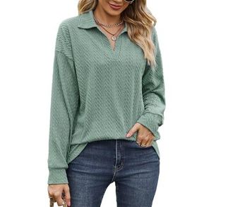 Generic Pull &agrave; revers tendance pour femme - Col en V - Ample et confortable - Pour lhiver - Chemises de sport, vert clair, XXL