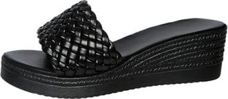 Generic Espadrilles compens&eacute;es &agrave; bout ouvert pour femme - Tendance - Tress&eacute;es - Chaussures de plage - Style boh&egrave;me, Noir, 38.5 EU