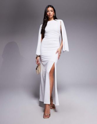 Tfnc Robe longue et moulante fronc&eacute;e sur les c&ocirc;t&eacute;s avec mancherons - Ivoire-Blanc