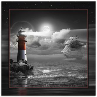 Artland ARTland Wanddeko Glasbilder Wandbild Glas Bild einteilig 50 x 50 cm Maritim Meer Küste Strand Leuchtturm Segelschiff Mond Wolken bei Nacht T6GH