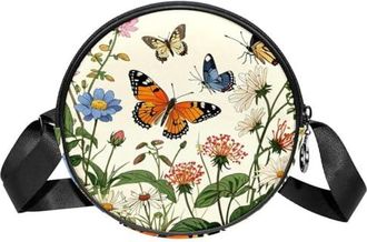 Generic Sac &agrave; bandouli&egrave;re rond pour femme, motif fleurs et papillons, petit sac &agrave; bandouli&egrave;re avec fermeture &eacute;clair, bretelles r&eacute;glables, sac &agrave; main rond d&eacute;co