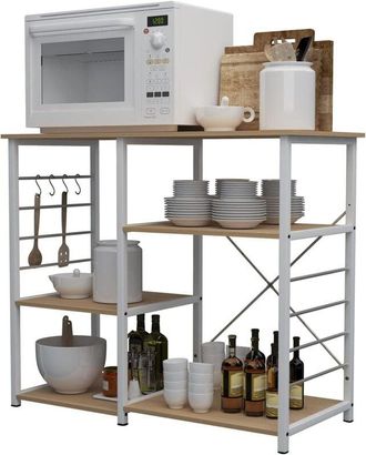 Soges Etag&egrave;re de Cuisine en m&eacute;tal et Bois, Meuble Rangement Desserte de Cuisine Etag&egrave;re pour Four &agrave; Micro-Ondes, avec 3 + 3 Tablettes, &Eacute;rable&Blanc - Soges