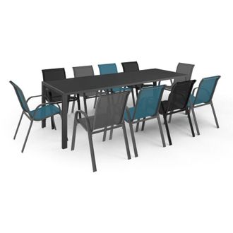 IDMarket Salon de jardin madrid table 240 cm et 10 chaises empilables mix color bleu, gris et noir