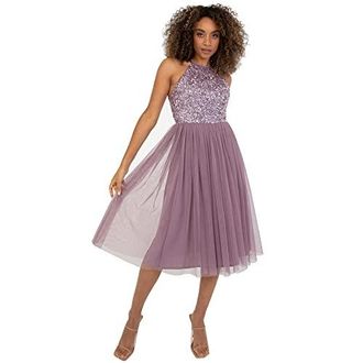 Maya Womens Ladies Midi Dress with Halter Neck Tulle for Evening Graduation Prom Wedding Bridesmaids Ball Gown Robe de Demoiselle dhonneur, Moody Lilac, 8 