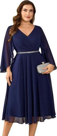 Ever-pretty Robe pour Mariage Invit&eacute; Midi Femme &Eacute;l&eacute;gante Soir&eacute;e Grandes Tailles Mousseline Manches Longues Bleu Marine 48