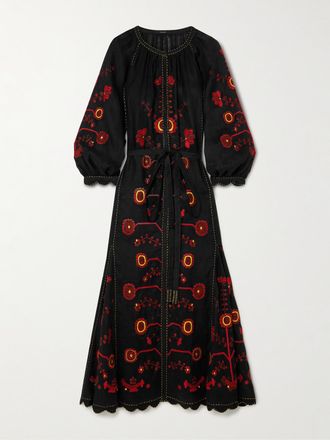 Vita Kin Nathalie Maxikleid Aus Leinen Mit Bindegürtel, Wellenkanten Und Stickereien - Schwarz