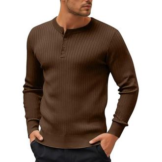 Generic T-shirt pour homme - Pull en tricot &agrave; manches longues boutonn&eacute;s - Pull l&eacute;ger - Automne - Coupe ajust&eacute;e - Pull c&ocirc;tel&eacute;, marron, 3XL