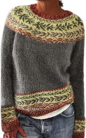 Generic Pull Norv&eacute;gien pour Femme Hiver Chaud Chic Et &Eacute;l&eacute;gant Pullover Tricot&eacute; Col Rond Manche Longue Sweater Motif Jacquard Tunique Grande Taille Pas Cher Ba