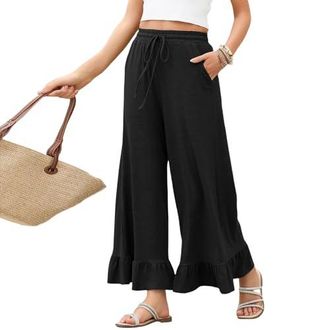 Generic Palazzo Pantalon de plage décontracté avec cordon de serrage et ourlet à volants, taille haute et poches pour femme, Noir, XXL