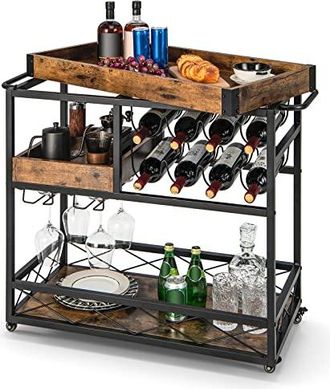 Costway GOPLUS Chariot à Vin à 3 Niveaux avec Plateau Amovible, Desserte Industriel Rustique à Domicile avec Porte-Bouteilles et Porte-Verre, Chariot de Bar p
