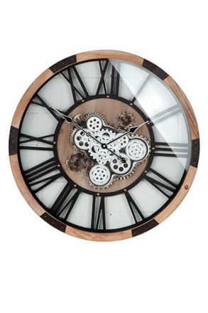 Gilde Wanduhr - rund aus Holz und Metall - Zahnr&auml;dermotiv - naturfarben und schwarz - &Oslash; 68cm x Tiefe 8cm - Batterien in der Lieferung Nicht enthalten