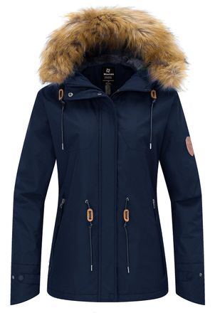 Wantdo Damen Wasserdicht Skijacke Winddichter Outdoor Sport M&auml;ntel Berg Snowboardjacken Gef&uuml;ttert Jacke mit Kunstpelzhaube Blau XXL