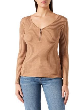 Morgan Rippenstrick-Pullover mit Reißverschluss-Kragen Camel XL