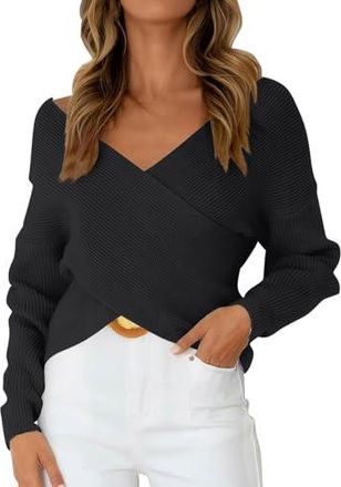 Generic Pull tendance &agrave; col en V crois&eacute; pour femme - Pull habill&eacute; d&eacute;contract&eacute; - Pull court dautomne et dhiver - Tricot confortable &agrave; manches longues, Noir, XL