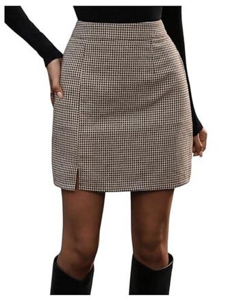 SOLY HUX Jupe courte &eacute;l&eacute;gante pour femme - Mini jupe dhiver - Motif pied-de-poule - Jupe ajust&eacute;e, Marron et noir., XL