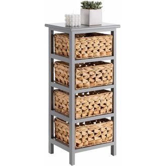 IDIMEX Chiffonnier ARBO en bois de paulownia gris, 4 paniers en jacinthe deau