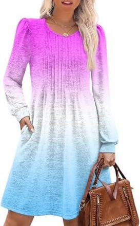 Generic Mini robe boh&egrave;me ombr&eacute;e &agrave; manches longues et col rond pour femme, robe d&eacute;contract&eacute;e fluide avec poches lat&eacute;rales, douce, extensible, confortable, robe