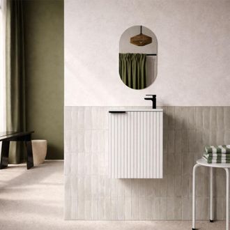 Aurlane ensemble meuble lave mains mdf ondul&eacute; blanc 40x50x22cm et miroir ovale - milo