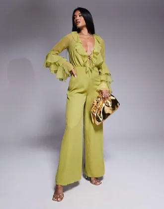 Asos Combinaison à manches longues et à volants avec liens - Vert olive