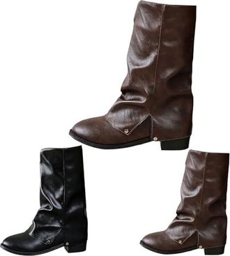Generic Bottines hautes en cuir pour femme - Bottes à enfiler - Bottes pliantes - Bottes pointues - Bottes longues rabattables - Bottes de cowboy classiques -
