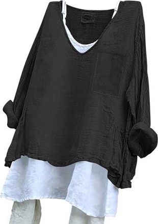Generic Chemisier Femme Coton Et Lin Chic Et Elegant D&eacute;contract&eacute;s Chemisiers Et Blouses D&eacute;t&eacute; &Agrave; Manches Longues Col V Loose Top Legers Respirant Tunic Mode Cot