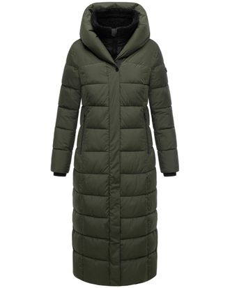 Marikoo Damen Extra-langer Wintermantel warmer Steppmantel mit herausnehmbarer Innenjacke und hohem Kragen aus Teddy-Fleece Pakoraa 16 Dark Olive Gr. 4XL
