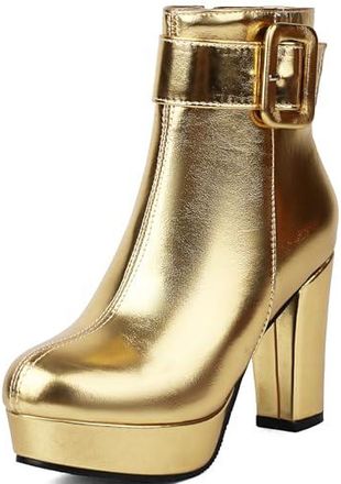 SJJH Bottes de cheville avec fermeture &eacute;clair lat&eacute;rale | Bottes pour femme pour occasions sp&eacute;ciales, talon de 9,5 cm, mat&eacute;riau brillant, polyvalent, or, 45
