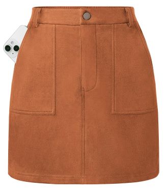 Kate Kasin Damenrock Hohe Taille Einfarbig Kurzer Midirock mit Taschen Kn&ouml;pfen Braun 2XL