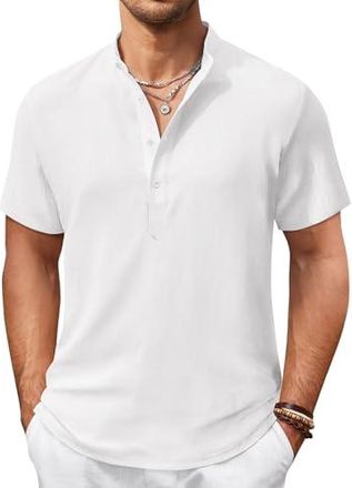 Coofandy Chemisette Homme Été Henley Col V Manches Courtes Plage Vacances Casual Légère Respirante Chemise Décontractée Tropicale Blanc M