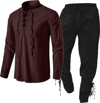 Generic liaddkv Ensemble de v&ecirc;tements m&eacute;di&eacute;vaux pour hommes Ensemble de v&ecirc;tements pour hommes avec chemise en lin Chemise m&eacute;di&eacute;vale pour homme Pantalon m&eacute;di&eacute;v