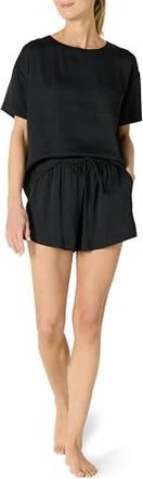 Amazon Essentials Ensemble t-Shirt à Manches Courtes en Satin Doux et vêtements de Nuit Courts pour Femmes, Noir, Taille XS