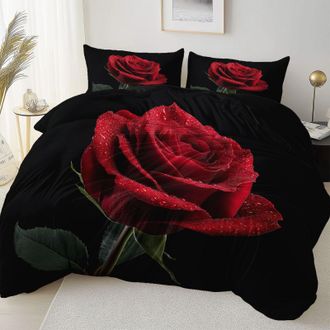 Generic Bettwäsche Set Blumen Rote Rosen Nahaufnahme Thema Bettbezug, Schwarz Microfaser Bettwäsche-Set für Kinder Teens Mädchen Zimmer Dekor, 180 x 200 cm Be