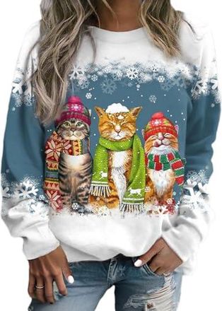 Onsoyours Femme Printemps Automne Pull 3D Chat Imprimé Sweatshirt Top Manches Longues Col Rond T Shirt Léger Casual Sweat Blouse Pullover E Bleu XL