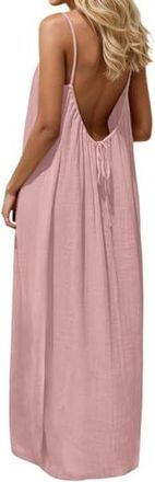Generic Robe D&eacute;t&eacute; en Coton Lin pour Femmes Robes Longue sans Manches Dos Nu &agrave; Bretelles Spaghetti Robe de Plage D&eacute;contract&eacute;e &agrave; Col Rond &Eacute;l&eacute;gante Robes D&eacute;barde
