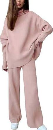Generic Ensemble Tricoté Femme Pull Tricoté 2 Pièces Ensemble Femme Chic et Élégant Manches Longues Sweater Top et Pantalon à Jambes Larges Pull Ensemble Tric