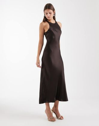 & Other Stories Robe mi-longue coup&eacute;e en biais en satin - Bronze chocolat-Marron
